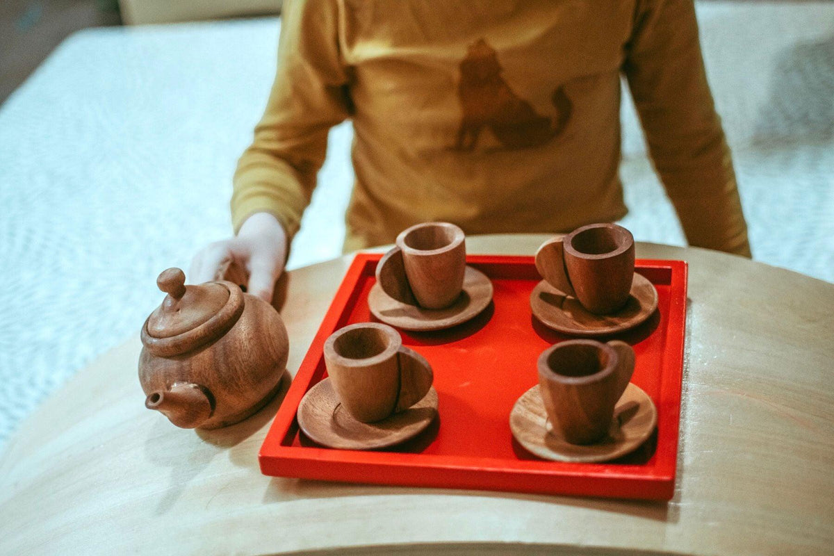 Qtoys Japanese Tea Set Mahogany Wood Pretend Play Kitchen Toys 9 piece ...