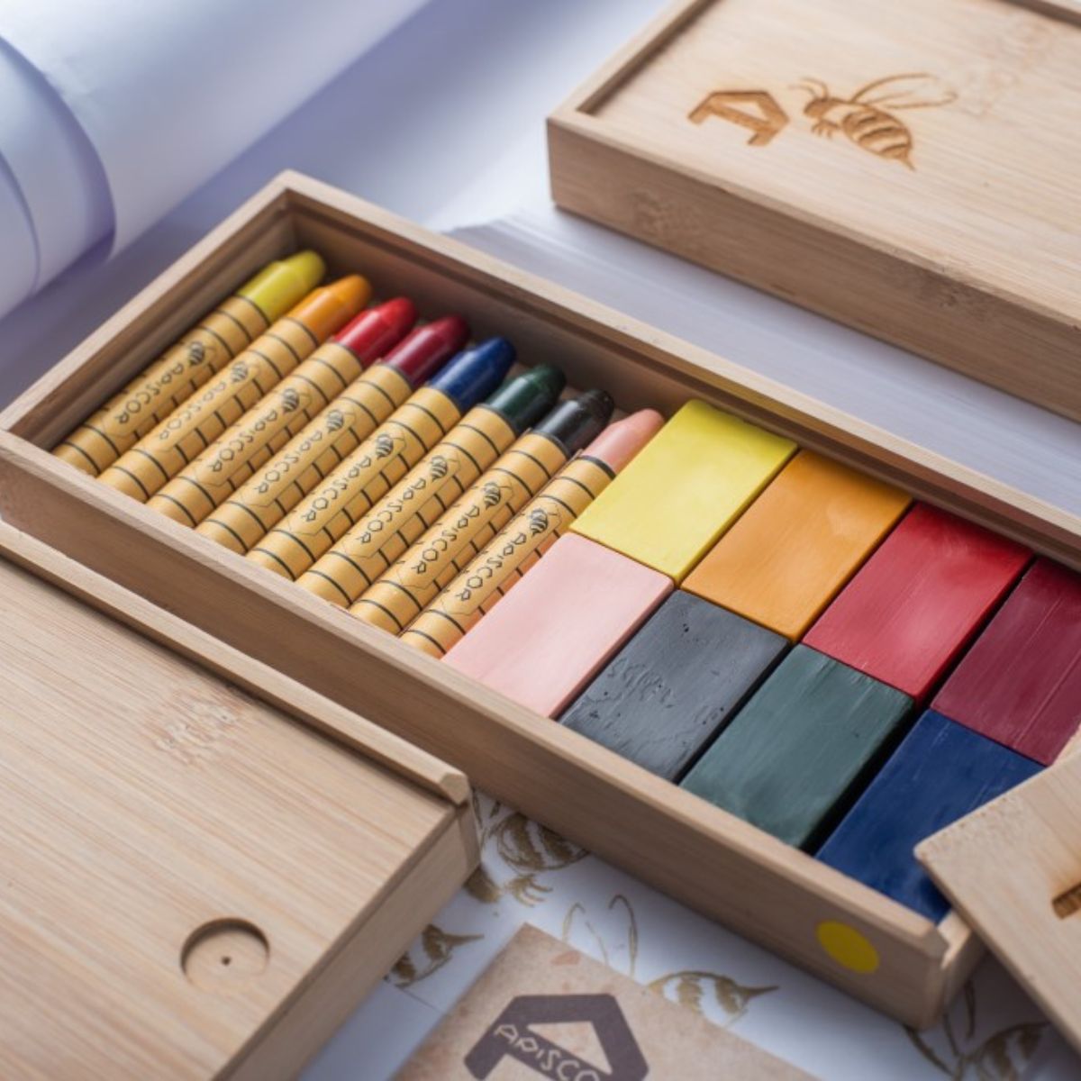 Beeswax Crayons 8 Blocks + 8 Stick in Bamboo Box by Apiscor Waldorf Ed ...